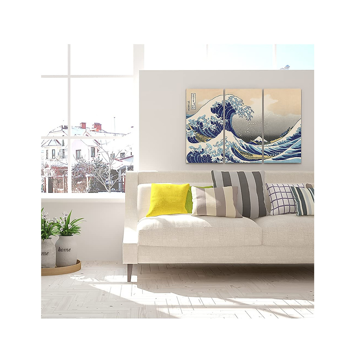 DECORARTS - The Great Wave off Kanagawa(Triptych), Katsushika Hoki. Classic Art Reproduction, Giclee Print On Canvas. Stretched canvas. 48x32