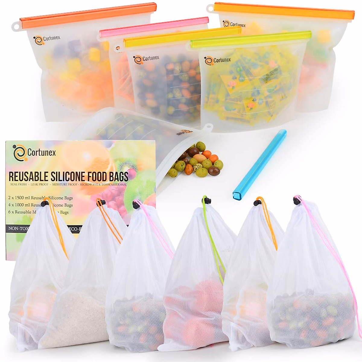 Reusable Silicone Food Storage Bags | 100% Food Grade Silicone Bags | LEAKPROOF, AIRTIGHT | Keep Fruit, Snacks, Veggie, Sandwich FRESH | Set Of 6 Bundle With 6 Reusable Mesh Produce Bags