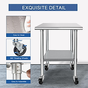 HARDURA Stainless Steel Table with Wheels 24 x 30 Inches Casters NSF Heavy Duty Commercial Work & Prep Table with Undershelf and Galvanized Legs for Restaurant Kitchen Bar and Hotel Garage