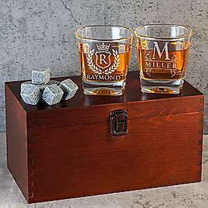 Set of 2 - Whiskey Gifts for Men, Personalized Whiskey Glasses w/ Name & Initial - 9 Designs - 9 oz, Limited Edition Monogrammed Rocks Glasses for Whiskey, Bourbon, Engraved Scotch Glasses - Dad Gifts