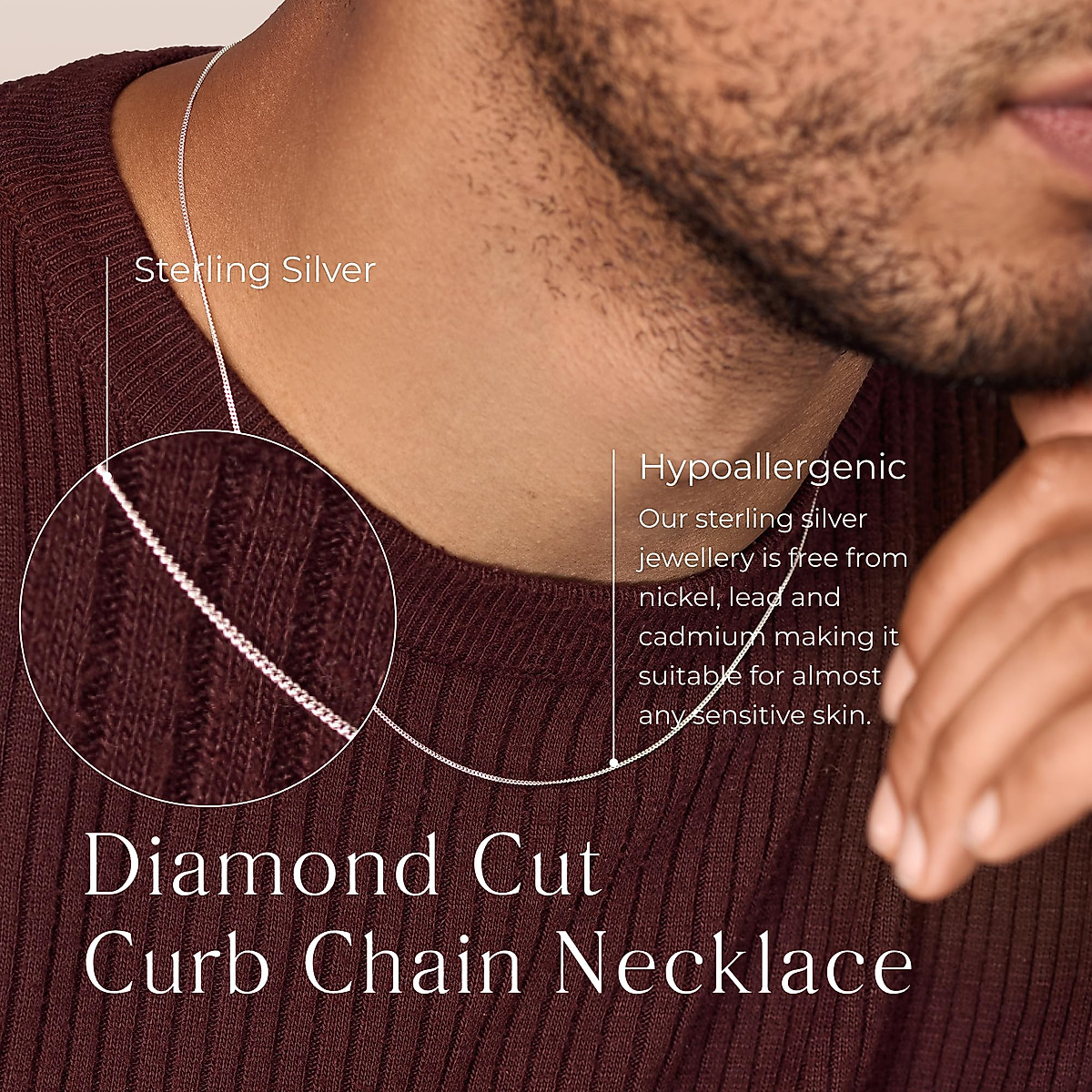 Aeon Jewellery 925 Sterling Silver Necklace - 1mm Diamond Cut Curb Chain Necklace | 16" Chain | For Layered Looks, Gifts or Pendant Replacements | Polishing Cloth & Pouch Bag Included