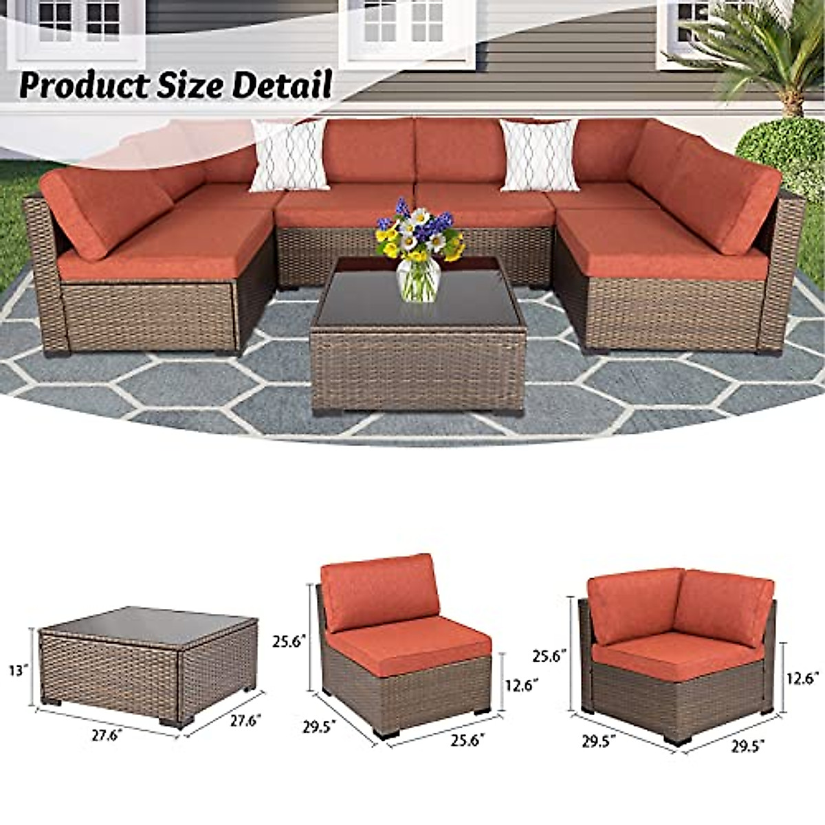 JSUN7 Outdoor Patio Furniture Set, 7 Pieces PE Brown Rattan Wicker Sofa Set, Outdoor Sectional Furniture Conversation Chair Set with Cushions and Tea Table,(Maple Red)