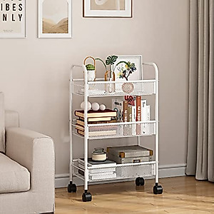 Simple Trending 3 Tier Metal Rolling Storage Cart, Utility Organizer Cart Storage Shelves with 4 Wheels for Kitchen Bathroom, White
