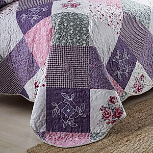 HoneiLife King Size Quilt Set - 3 Piece Microfiber Quilts Reversible Bedspreads Patchwork Coverlets Floral Bedding Set All Season Quilts-Purple Rose