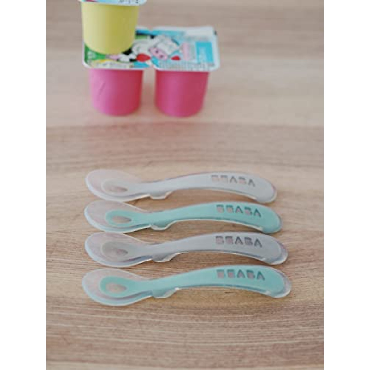BEABA Second Stage Silicone Spoons for Self Feeding Babies, The Original Soft Tip Silicone Spoons, BPA Lead Phthalate and Plastic Free, Great Gift Set (4 Pack) (Sage)
