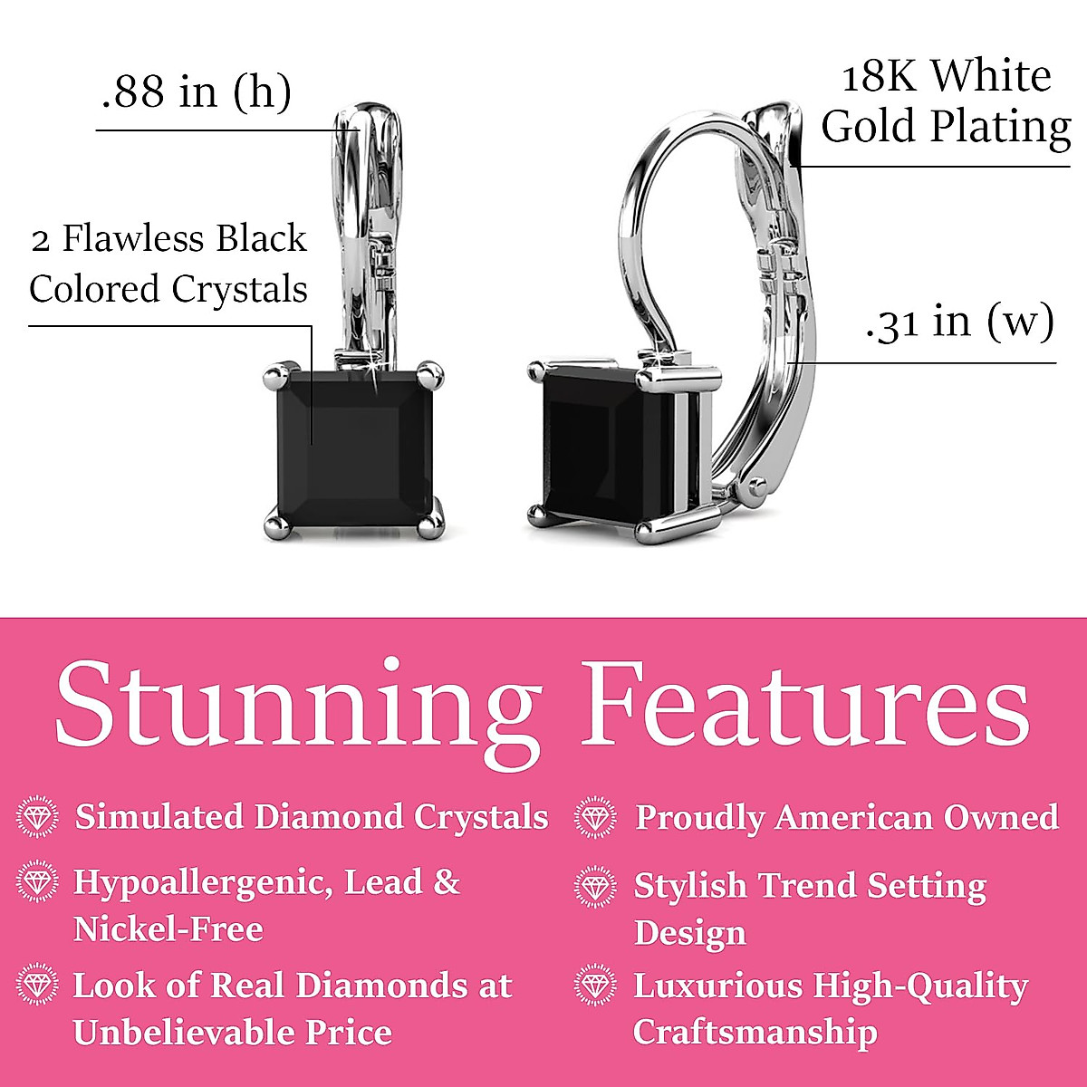 Cate & Chloe Samantha 18k White Gold Plated Drop Earrings | Women's Drop & Dangle Earrings with Black Crystals, Silver Earrings For Women, Hypoallergenic Earring Set, Jewelry Gift for Her