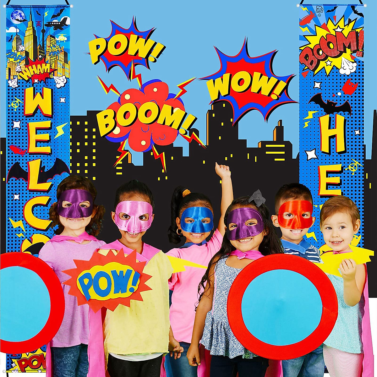 Hero Decorations Hero Backdrop Hero Porch Sign Banners Welcome Hanging Hero Decoration for Super Fun Hero Party Wall Decoration Door Action Door Sign (Blue Hero)