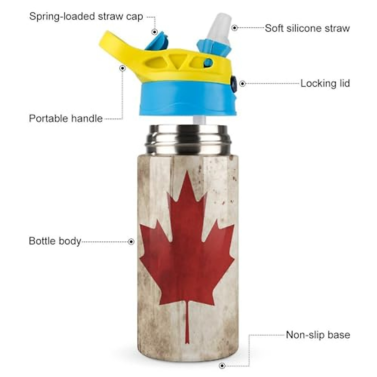 Stainless Steel Water Bottles Retro Canada Flag Travel Water Cups with Handle And Silicone Straw Drinking Cup with Leak Proof Lid Thermo Travel Mug for Women Men