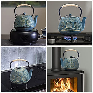 MILVBUSISS Cast Iron Teapot, Large Capacity 40oz Tea Kettle with Infuser for Stove Top, Sakura Design Japanese Tea Pot for Loose Leaf Coated with Enameled Interior, 1200ml Green