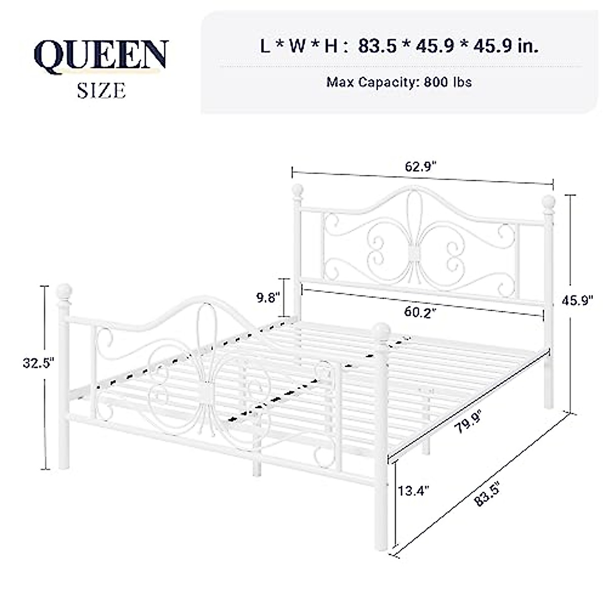 Allewie Queen Size Bed Frame with Headboard,Metal Bed Frame with Butterfly Pattern Design Headboard & Footboard,No Box Spring Needed,Easy Assembly,White