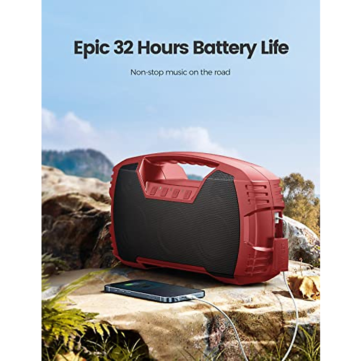 IPX7 Waterproof Bluetooth Speaker, 40W Portable Wireless Speaker, 32H Playtime, Stereo Loud Sound, Deep Bass, Outdoor Speaker with Handle, Bluetooth 5.0, Built-in Mic for Camping,Party,Pool,Beach-Red