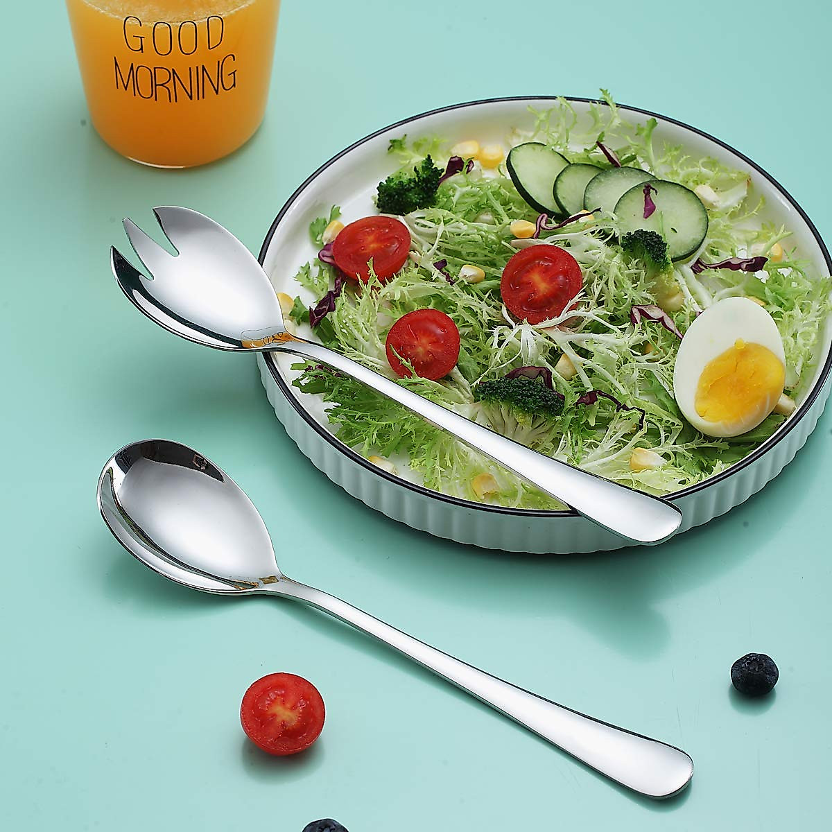 Berglander Salad Server Set, Stainless Steel Salad Serving Set, Salad Servers, Salad Spoon, Salad Fork, Pack of 2 (Shiny Silver)