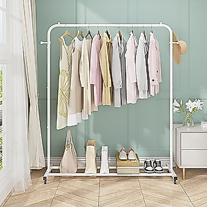 Boeeoan Garment Rack, Clothes Rack With Wheels, Freestanding Simple Single Pole, Coat Rack, Multi-functional Rolling Clothing Storage Rack With 2 Hooks for Bedroom, Laundry Room, Living-room, White
