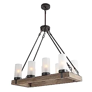 LNC Farmhouse Wood Chandelier Rustic Rectangular Light Fixture with Frosted Glass Shade for Kitchen Island, Dining & Living Room and Bedroom,Large,Black