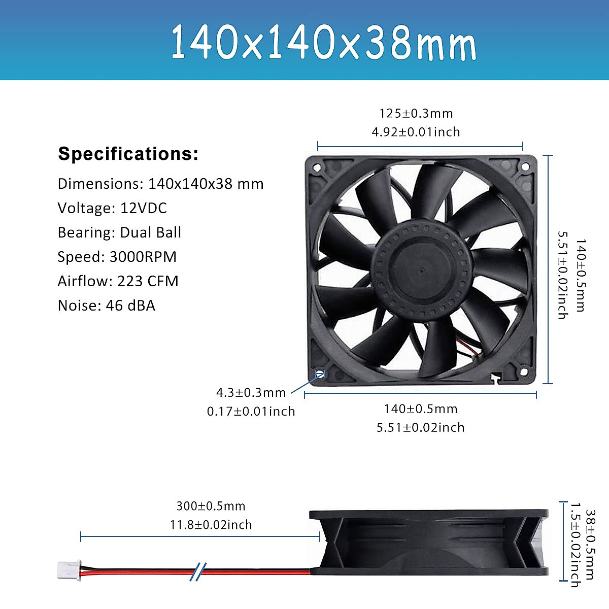 GDSTIME 140mm High Static Pressure Cooling Fan 2-Pin 140x140x38mm DC 12V Ball Bearing for Radiator Heatsink