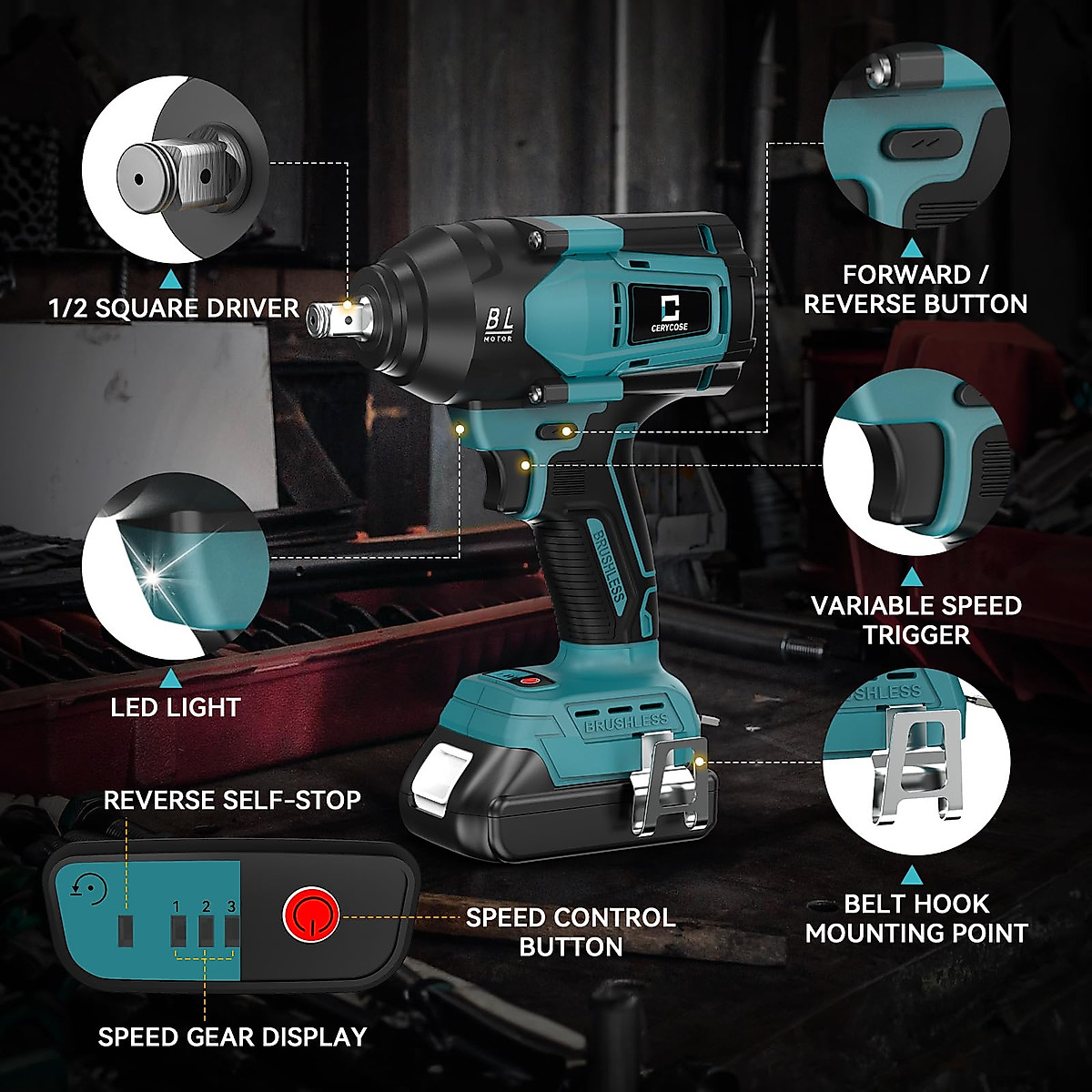 Cerycose Cordless Impact Wrench 1/2 inch for Makita Battery, 600FT-LBS (810N.m) Brushless Electric Impact Gun Includes LED Work Light, 2100RPM High Torque Impact Driver Wrench, Bare Tool Only