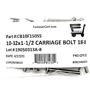 10-32 x 1-1/2 Carriage Bolts Stainless Steel 18-8 Fine Thread UNF (25 Pieces)