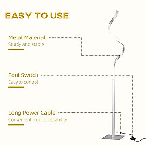 HOMCOM Modern Spiral Floor Lamp, LED Standing Lamp Warm White with Square Base and Foot Switch for Living Room, Bedroom, Silver
