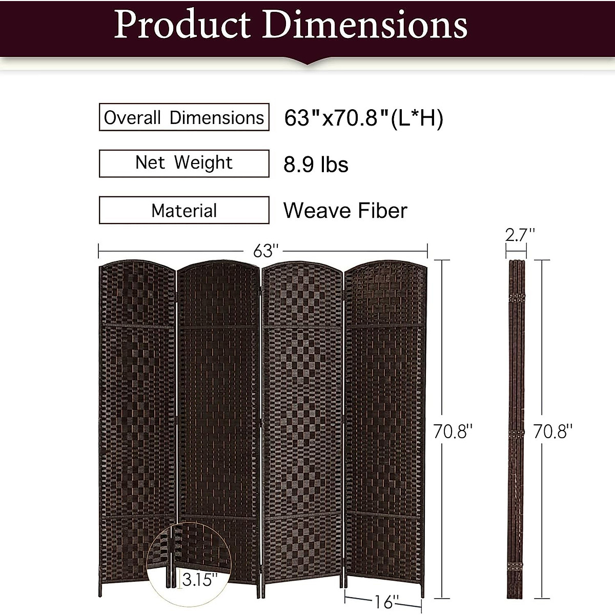 RHF 6 ft.Tall Room Divider, Room Dividers and Folding Privacy Screens, 15.7" Privacy Screen 4 Panels Room Divider Wall Partition, Dark Coffee