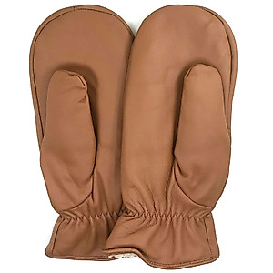 ZLUXURQ Mens Lambskin Leather Mittens Gloves Thick Fleece Lined Tan