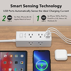 Clear Power 6-Outlet Surge Protector Power Strip with 3 USB Ports(1 USB-C), 5ft Power Cord, Flat Plug, Multi Outlets on 3 Sides, Desktop Charging Station, White, DC3S-1106-DC