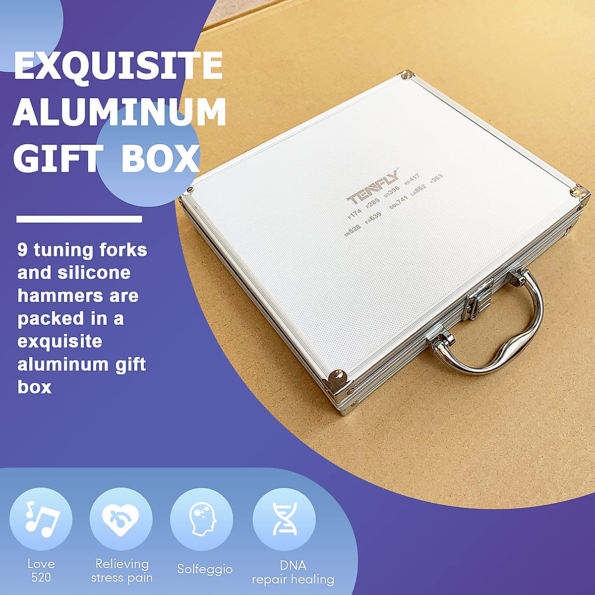 TENFLY Solfeggio Tuning Fork Set - 9 Tuning Forks Perfect for DNA Healing, Chakra, Sound Therapy, with Exquisite Aluminum Gift Box(174 Hz, 285 Hz, 396 Hz, 417 Hz, 528 Hz, 639 Hz etc)