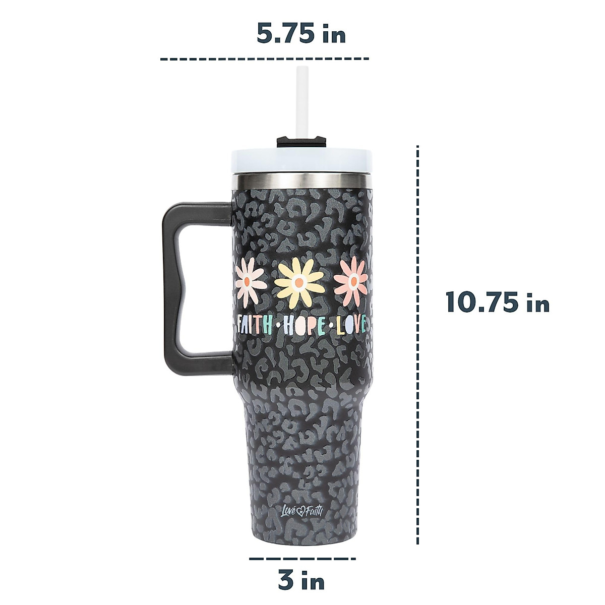 Love in Faith | Stainless Steel 40oz Tumbler with Handle | Vacuum Insulated | Faith-Based Christian Gifts | Faith Hope Love Black Leopard