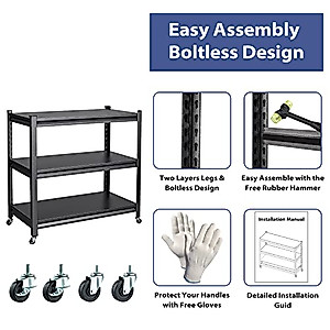 3 Tier Metal Storage Racks with Wheels, Mobile Garage Shelves Unit 17.7" D x 33.9" W x 31.5" H, Rolling Kitchen Racks, for Garage Pantry Home Office