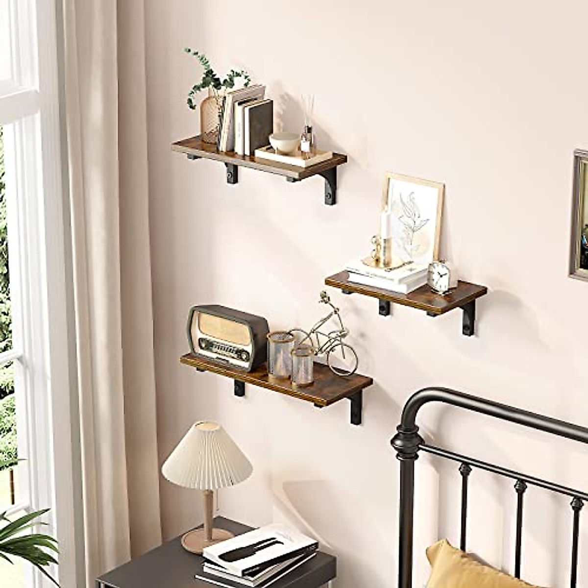 EZFurni Floating Shelves Wood for Wall,Set of 3 Rustic Floating Shelves for Storage,Wider Shelving Wall Mounted for Kitchen, Bedroom, Bathroom,Brown