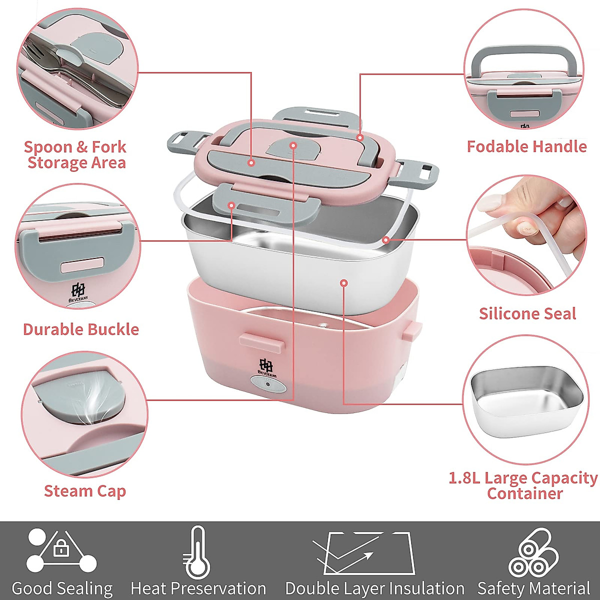 Electric Lunch Box Food Heater, Upgraded 80W Food Heated Electric Heating Lunch Box, 3 in 1 12V 24V 110-220V Portable Food Warmer Lunch Box with 304 SS Container Fork Spoon & Insulated Bag (Pink)