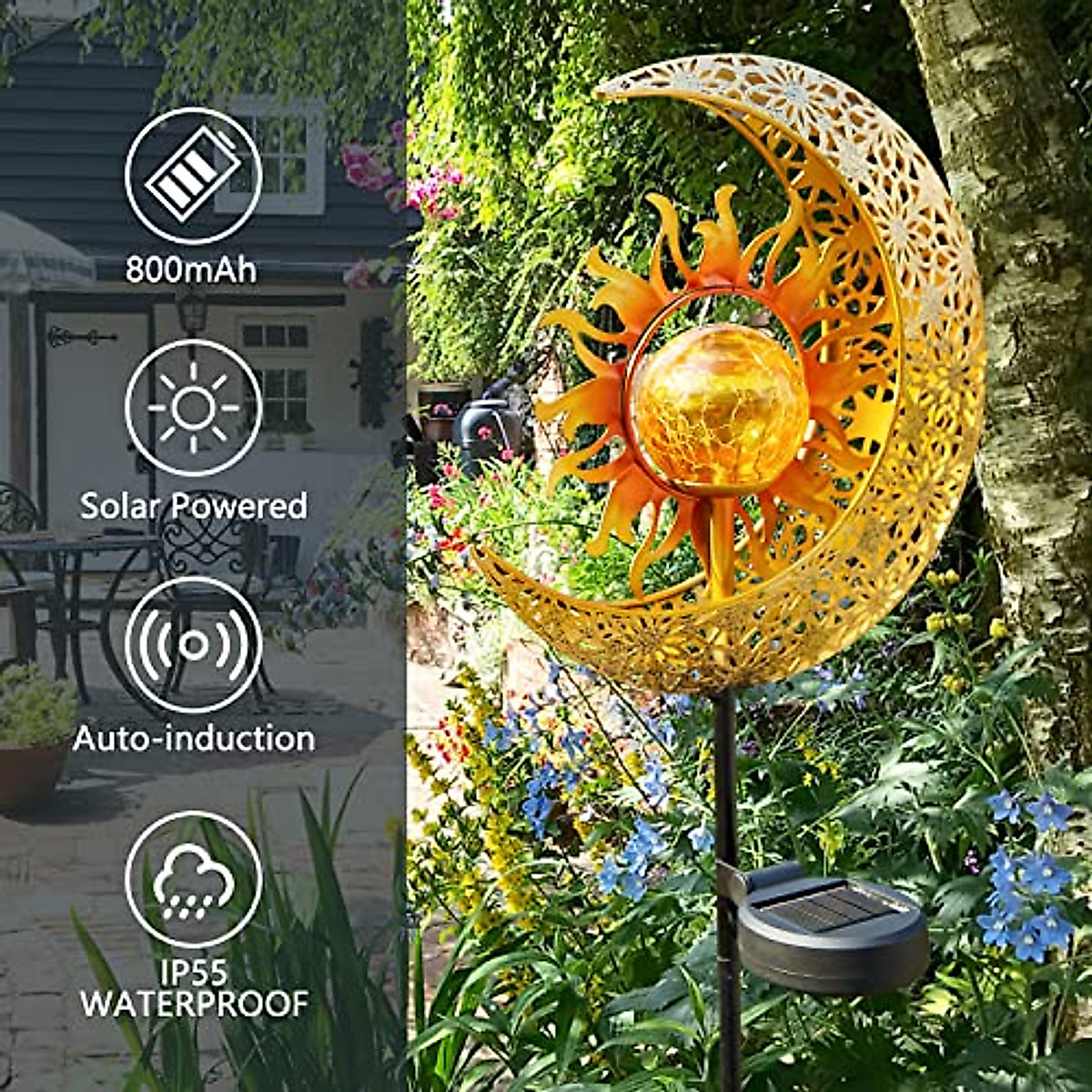 LICKLIP Garden Solar Lights Outdoor Decorative, Sun & Moon Crackle Glass Globe Metal Stake Light, Waterproof Warm White LED Light, Decorations for Pathway Lawn Patio Courtyard Backyard (1 Pack)