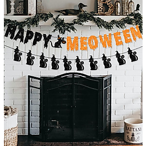JKQ Black Orange Glittery Happy Meoween Banner with Spooky Black Cat Signs Halloween Witch Cats Banner Halloween Haunted House Party Fireplace Mantle Decorations Supplies