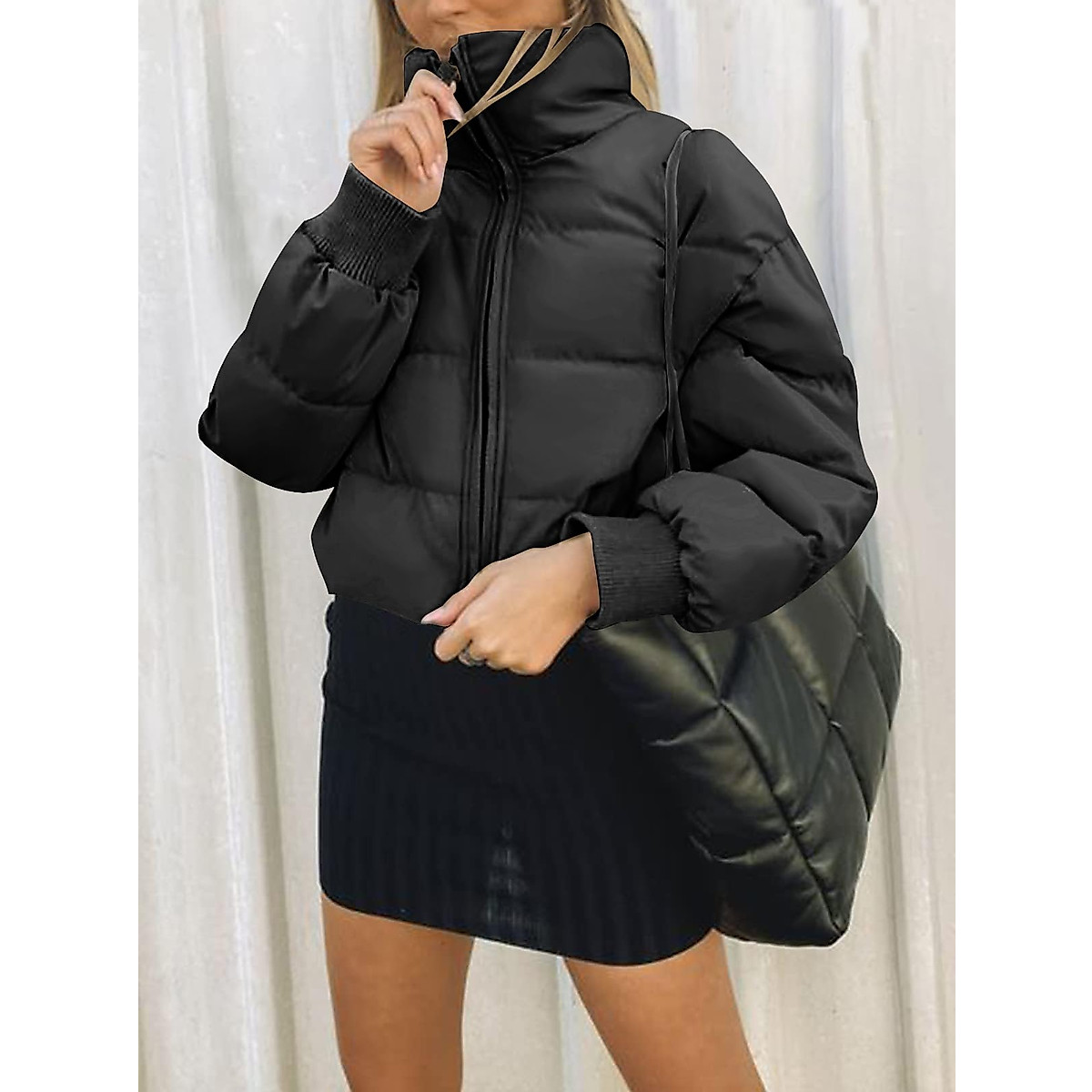 MEROKEETY Women's Winter Cropped Puffer Jacket Long Sleeve Oversized Stand Collar Zip-Up Short Coat