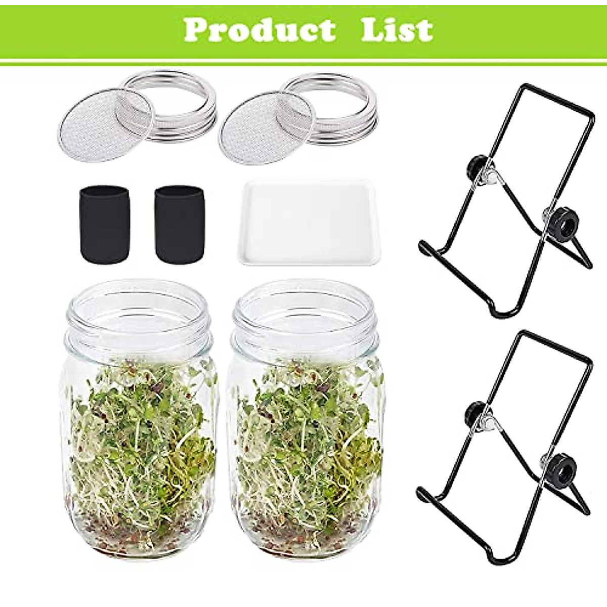 Complete Sprouting Jar Kit | 2 Wide Mouth Mason Jars with 316 Stainless Steel Sprout Lids | Blackout Sleeves, Tray, and Stand Included | Perfect for Broccoli, Alfalfa, and More