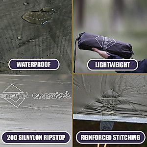 Onewind 11ft Hammock Tarp, Lightweight Silnylon Hammock Rain Fly, 4000mm Waterproof 4-Season Multiple Shelter Solution Camping Tarp Tent with Complete Accessories, OD Green