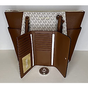 Michael Kors Charlotte Large Zip Tote bundled with matching Trifold Wallet and Purse Hook (Vanilla MK/Luggage)