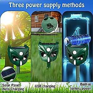 2 Pcs Solar Ultrasonic Animal Repeller with Motion Sensor and LED Flashing Light Squirrel Repellent 110 Degree Cat Deterrent Outdoor Animal Motion Detection for Dog Deer Fox Bird Garden Farm