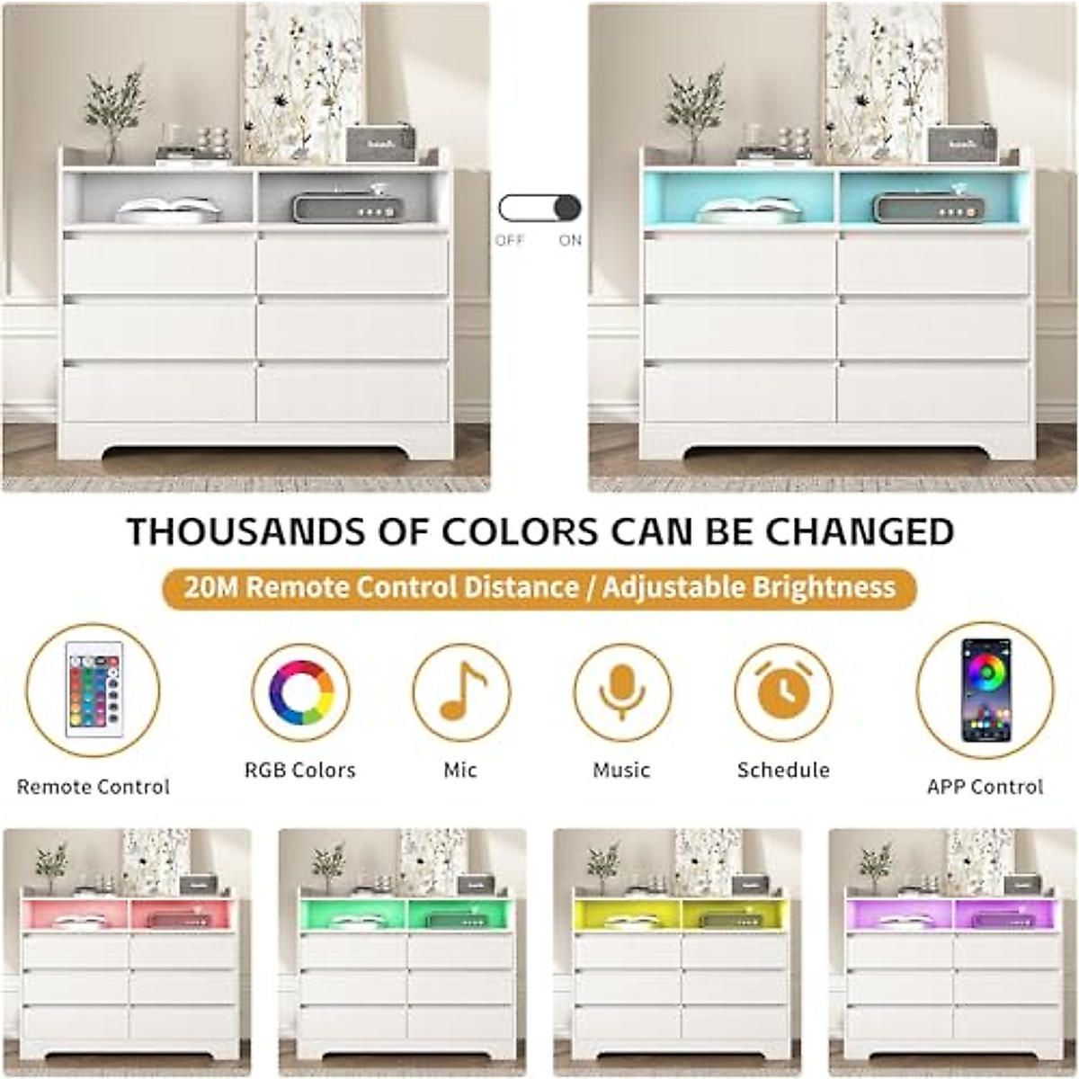 CIPACHO White Dresser for Bedroom,Modern 6 Drawer Dresser with LED Light and Open Shelf,Wide Storage Chest of Drawers,Bedroom Storage Furniture