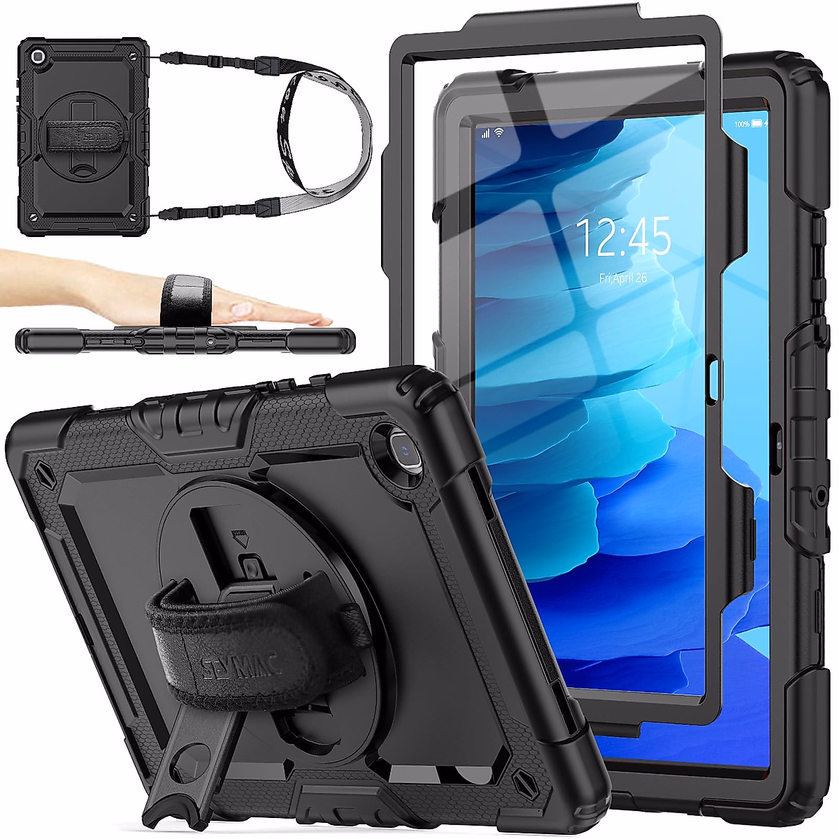 SEYMAC stock Case for Samsung Galaxy Tab A7 10.4 2022/2020 (T503/T509/T500/T505/T507) with Screen Protector, 360 Rotating Stand & Hand Strap, Drop-Proof Case, Black