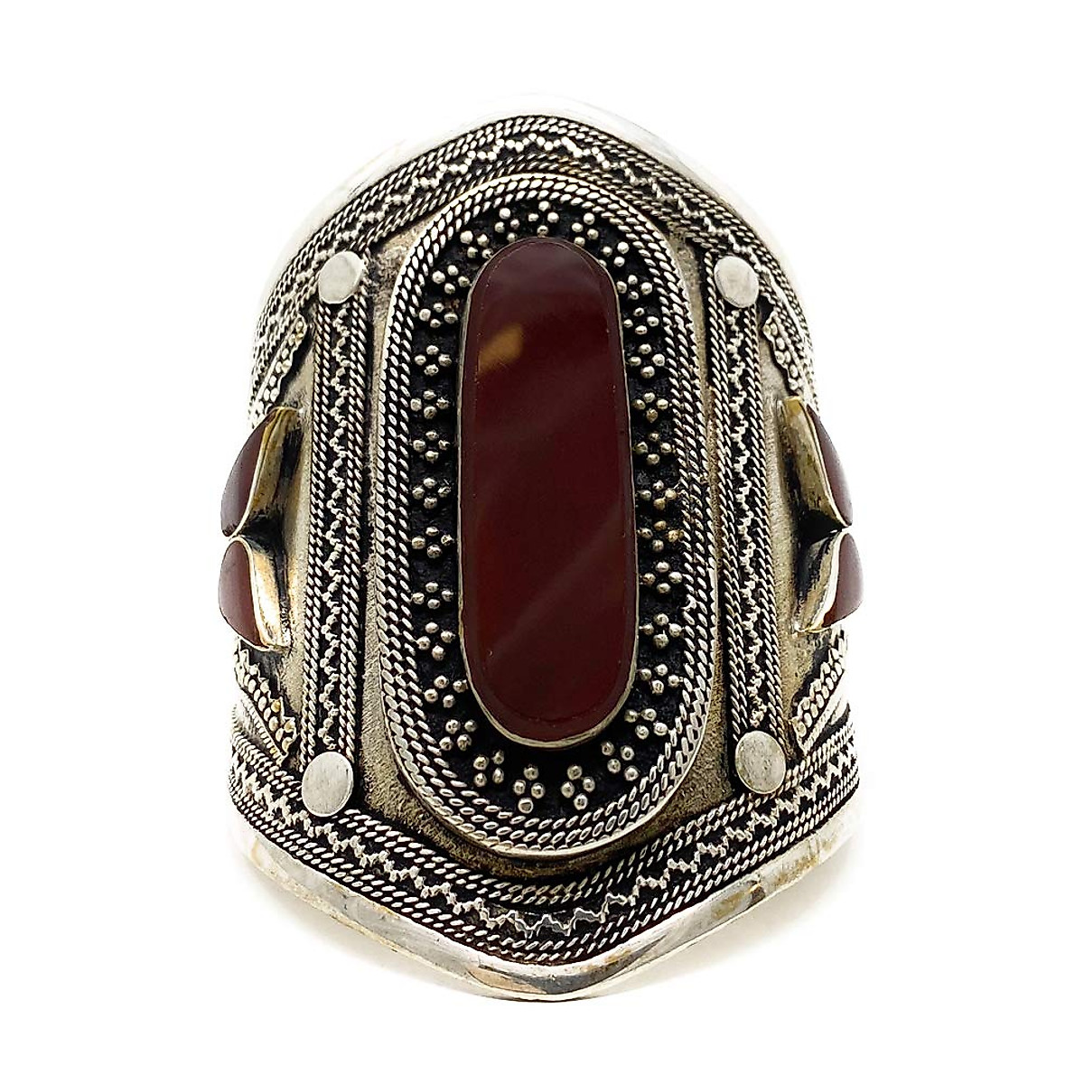 Duel On Jewel Afghan Tribal Womens Handmade Oxidized Engraved Big Vintage Cuff in Red Stone - Boho Chic Trendy Stylish