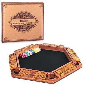 AMEROUS Upgraded 1-6 Players Shut The Box Dice Game, Wooden Board Table Math Game with 16 Dice for Kids Adults, Family Classroom Home Party or Pub