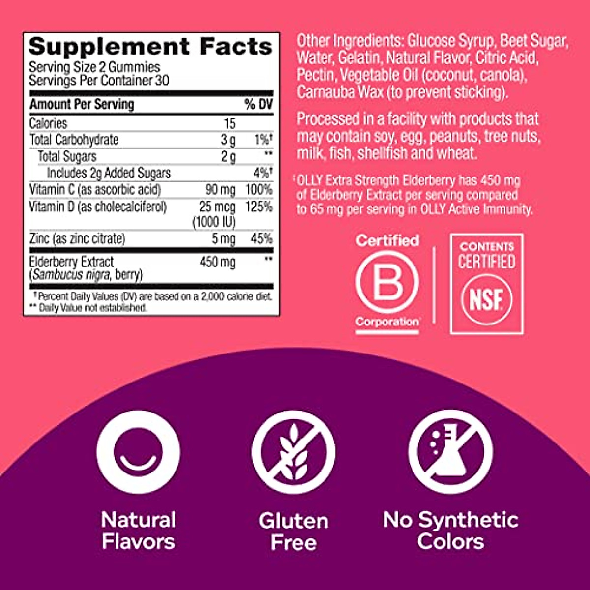 OLLY Extra Strength Elderberry Gummies, Immune Support, 450mg Elderberry, Vitamin C, D and Zinc, Berry - 60 Count