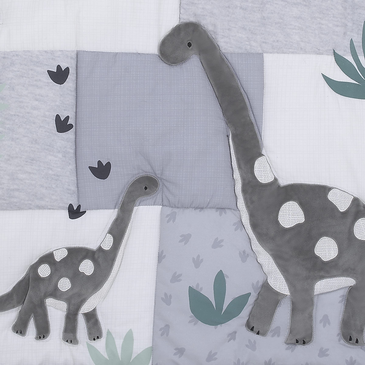 NoJo Baby-Saurus Gray, White, and Green Triceratops, Brontosaurus, and Tyrannosaurus Dinosaurs with Mountains and Leaves 4 Piece Nursery Crib Bedding Set - Comforter, 100% Cotton Fitted Crib Sheet, Crib Skirt, and Storage