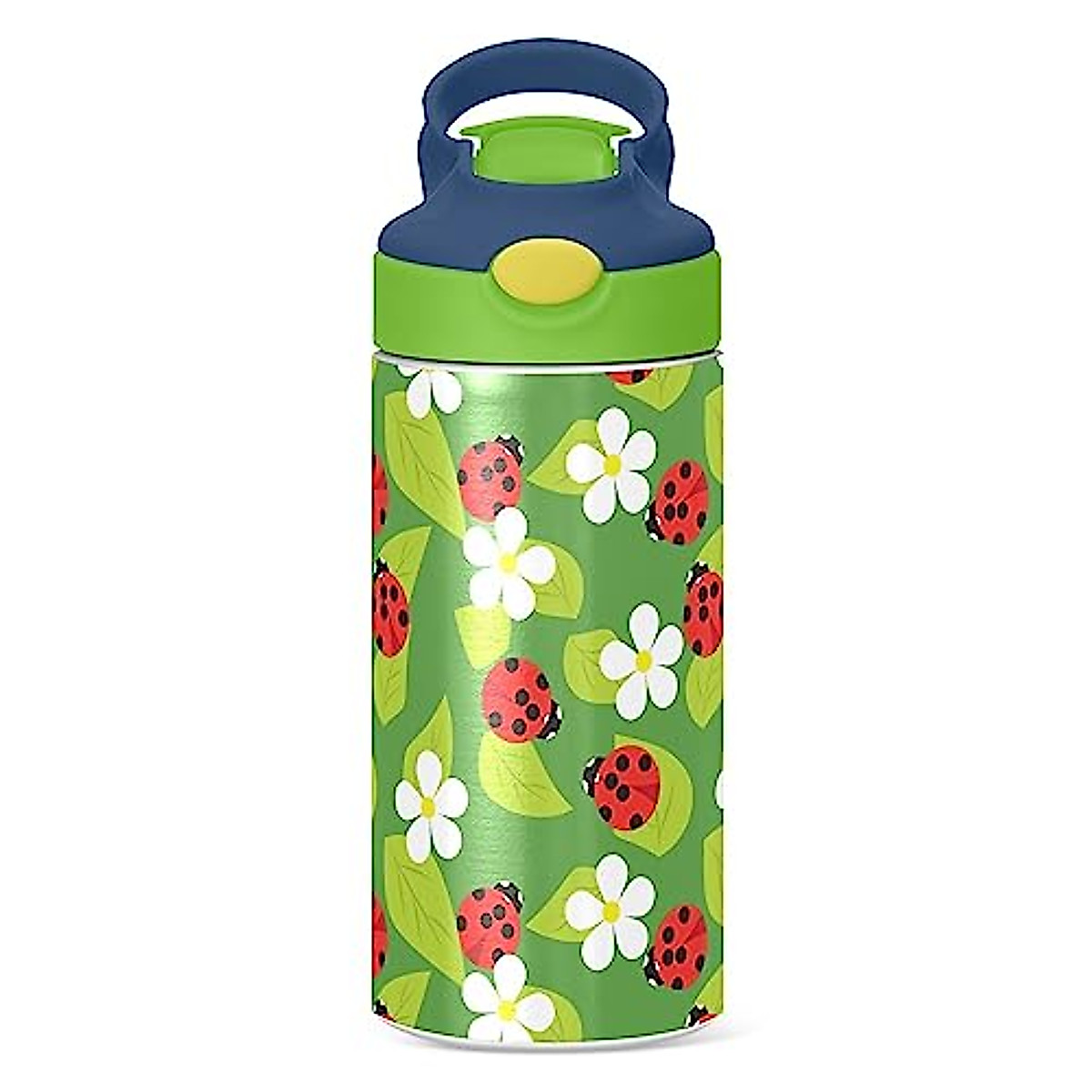 ALAZA Ladybug White Floral Kids Water Bottles with Lids Straw Insulated Stainless Steel Water Bottles Double Walled Leakproof Tumbler Travel Cup for Girls Boys Toddlers 12 oz,Green