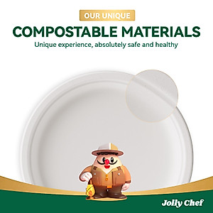 JOLLY CHEF Compostable Heavy Duty Plates 9 Inch [125 Pack] Eco-Friendly Disposable Natural Paper Plates Bagasse Biodegradable Bulk for Party Dinner Sugarcane Fibers Round 125 Count(White)