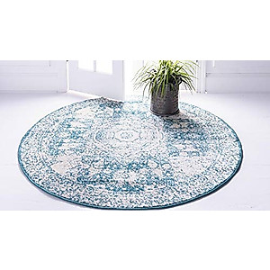 Rugs.com Dover Collection Rug – 5 Ft Round Turquoise Low-Pile Rug Perfect for Kitchens, Dining Rooms