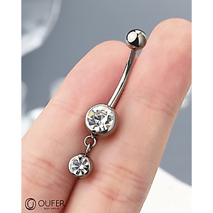 OUFER Dangle Belly Button Rings, G23 Solid Titanium Belly Ring, 14G Clear CZ Long Belly Piercing Jewelry, Lead & Nickel Free Navel Rings for Women Men-16MM