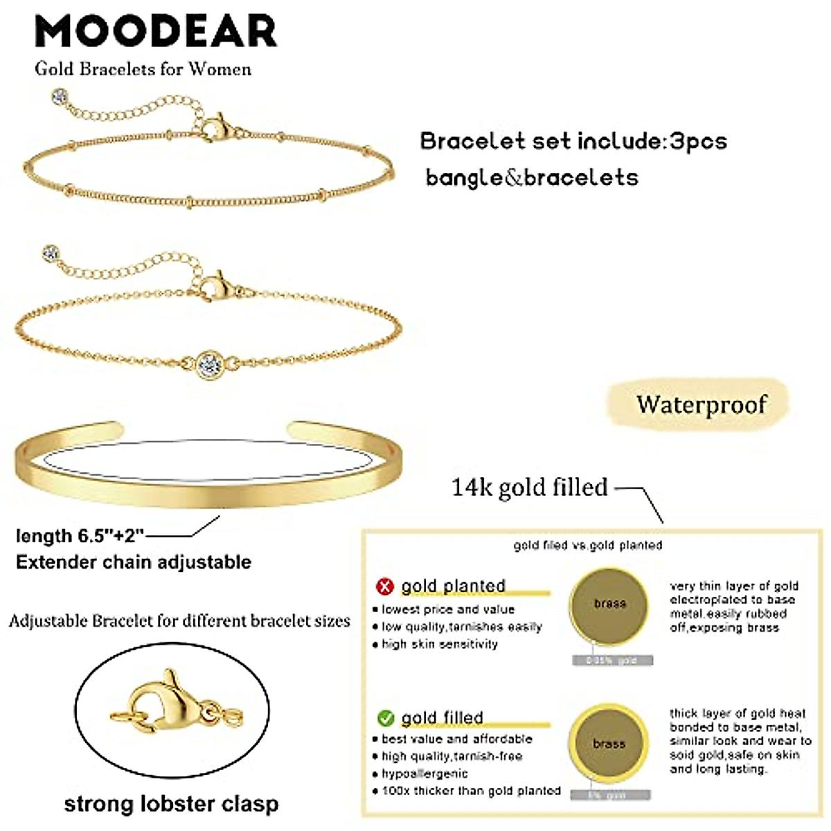 Moodear Gold Bracelet Sets for Women 14K Gold Plated Dainty Beaded Bracelets Stack Adjustable Layered Gold Link Bracelet Crystal Center Bracelet Cuff Bangle Set Fashion Jewelry