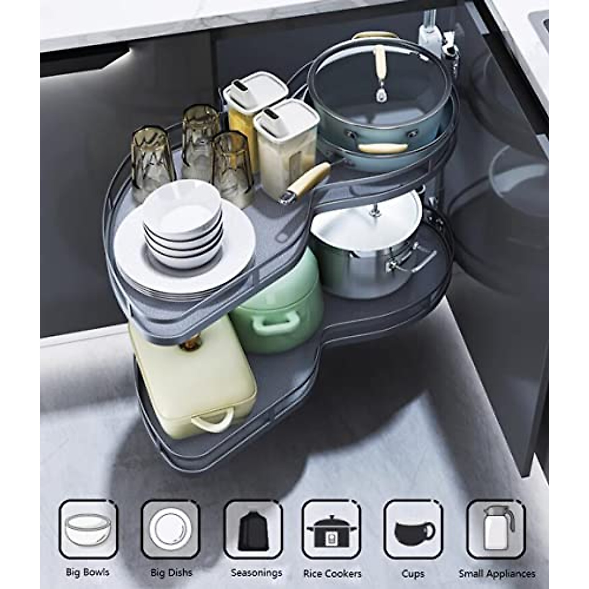 Blind Corner Cabinet Pull Out for 32" Cabinet, 2 Tiers Swing Tray Soft Close Blind Corner Kitchen Cabinet Pull Out Organizer, Adjustable Height,Right Open