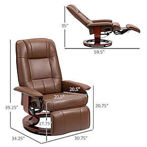 HOMCOM Faux Leather Manual Recliner, Adjustable Swivel Lounge Chair with Footrest, Armrest and Wrapped Wood Base for Living Room, Brown